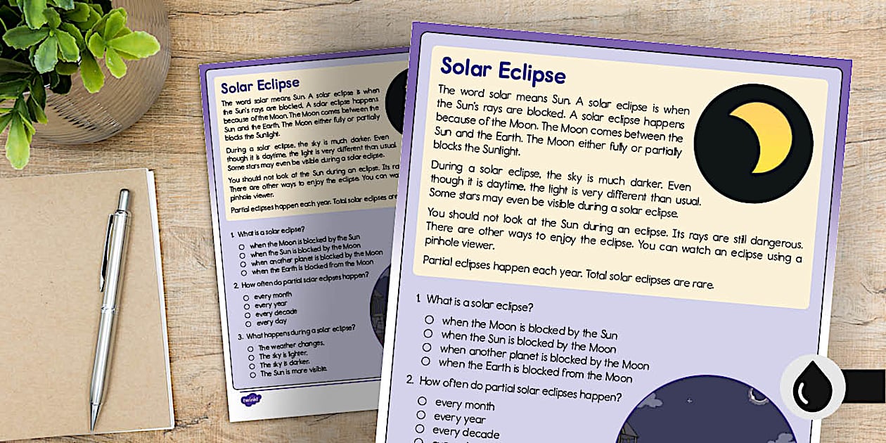 Solar Eclipse Primary Reading Comprehension (teacher made)