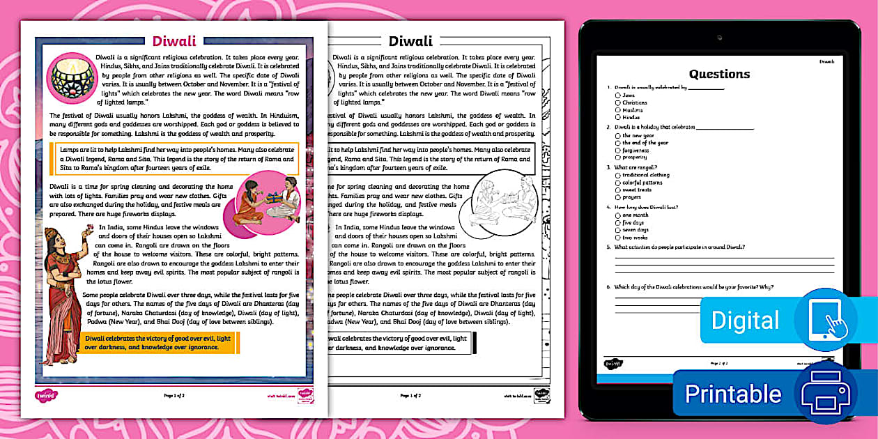 Fourth Grade Diwali Reading Comprehension Worksheet - Twinkl