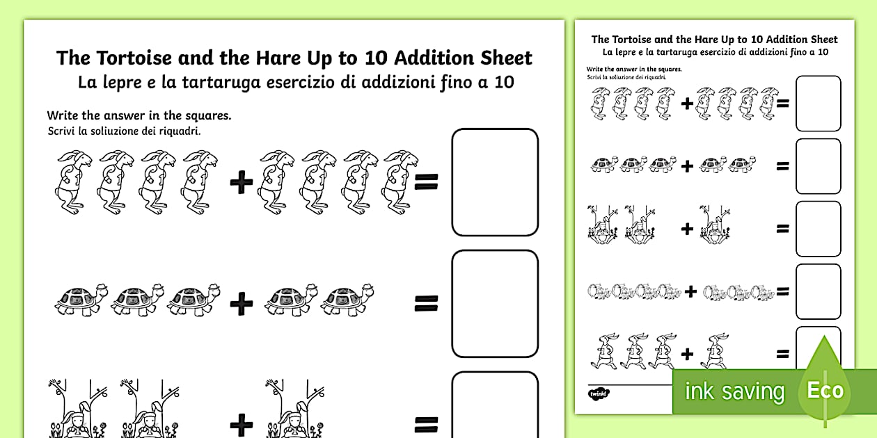 The Tortoise and The Hare Up to 10 Addition Sheet English/Italian - The