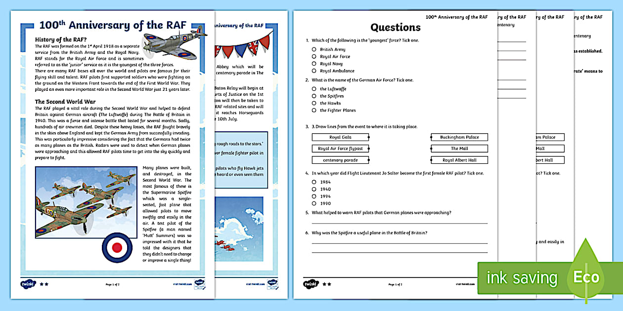 LKS2 100th Anniversary of the RAF Differentiated Reading Comprehension