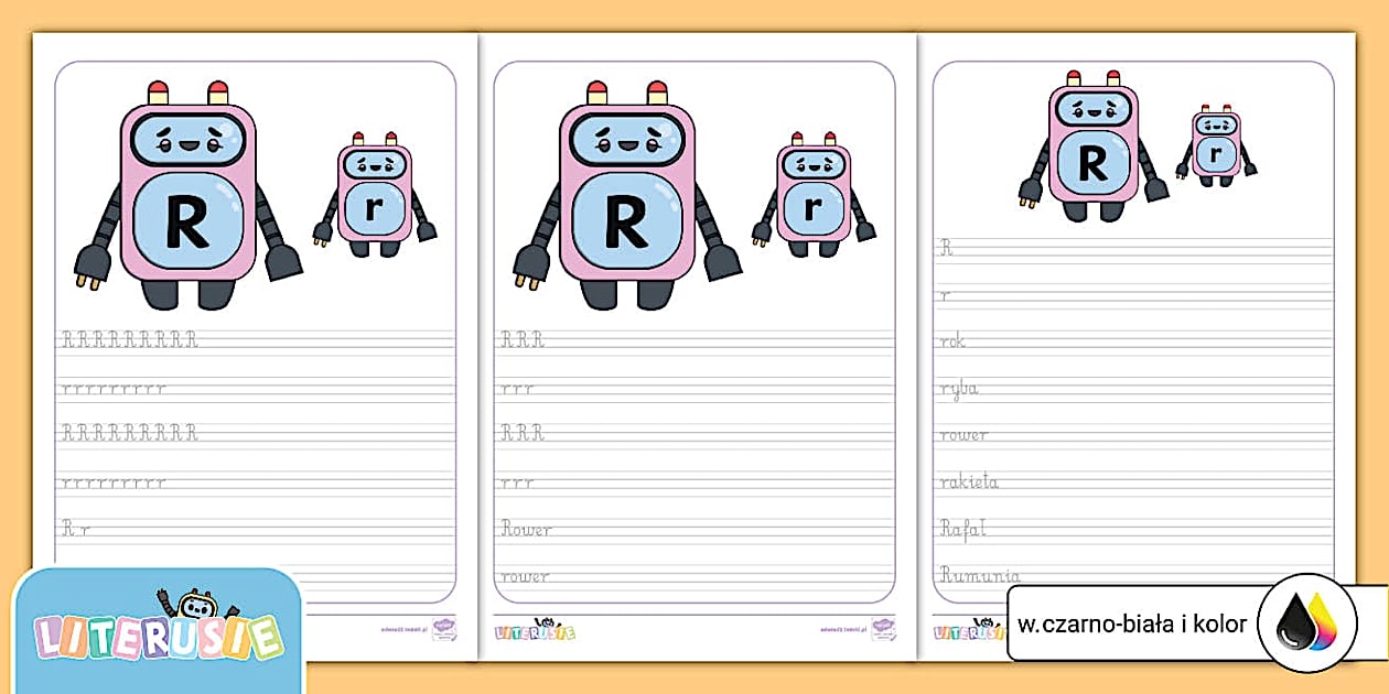 Literuś R uczy pisać literkę R | R pisane | Nauka pisania