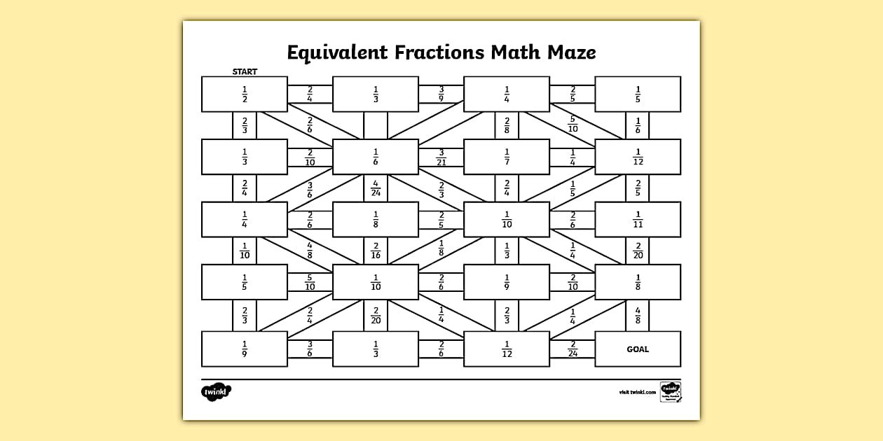 Third Grade Equivalent Fractions Math Maze Worksheet