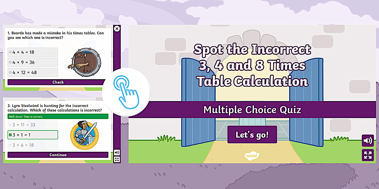 3 4 8 Times Tables Multiple Choice Quiz for Children