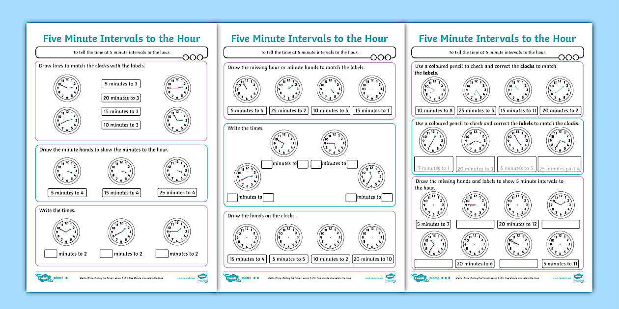 👉 Time Five Minute Intervals To the Hour Maths Activity Sheets