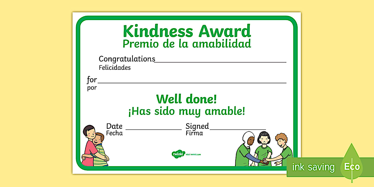 Kindness Award Certificate English/Spanish - Kindness Award Certificate