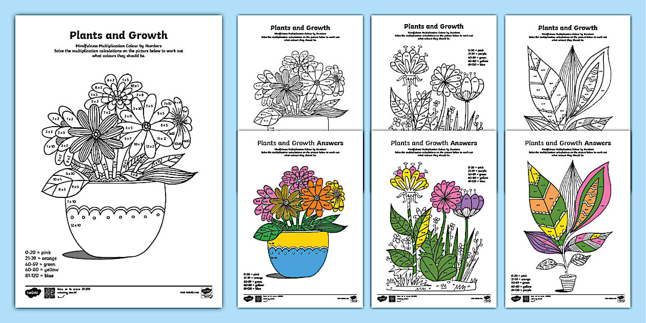 Plants and Growth Themed Mindfulness 2, 5 and 10 Times Tables Colour By