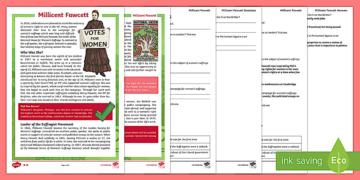 Millicent Fawcett Reading Activity for Children - Twinkl