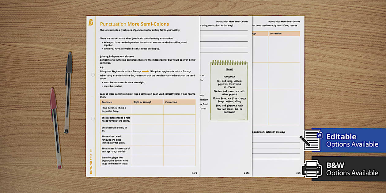 Using Semi-colons Worksheet Two (teacher made) - Twinkl