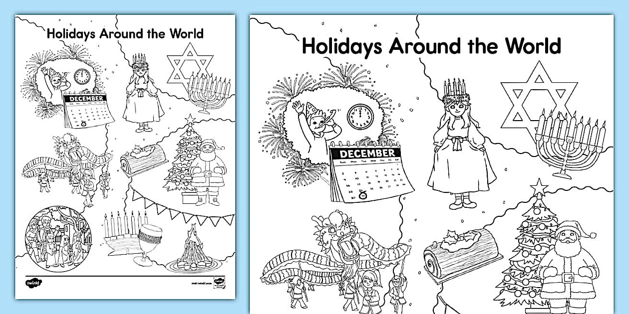 Winter Holidays Around the World Coloring Sheet - Twinkl