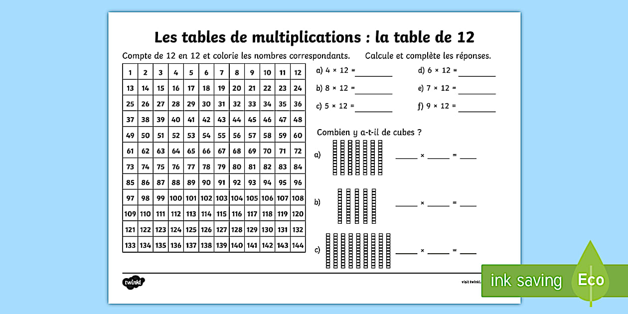 Fiche de calcul : la table de 12 les multiplications