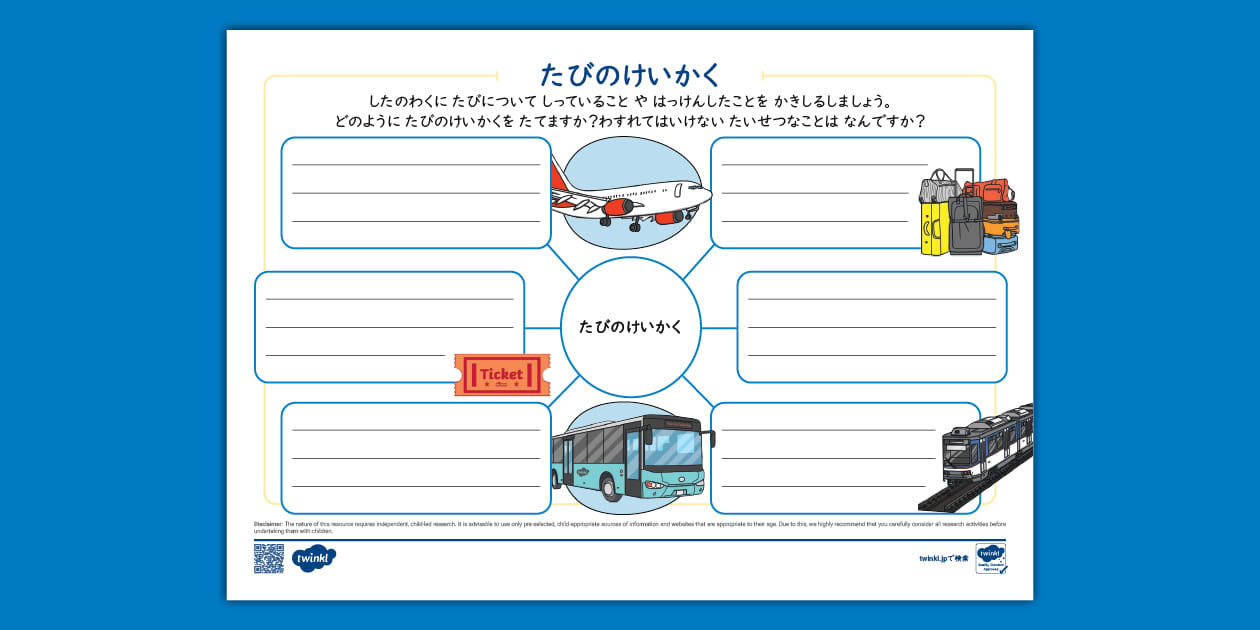 Travel Planning Mind Map for KS1 (Ages 5-7) 旅行・遠足のしおりマインドマップ 5歳から7歳