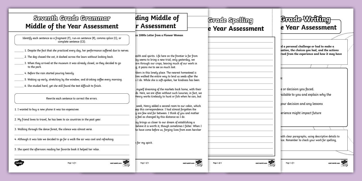 Seventh Grade Middle of the Year ELA Assessment Pack