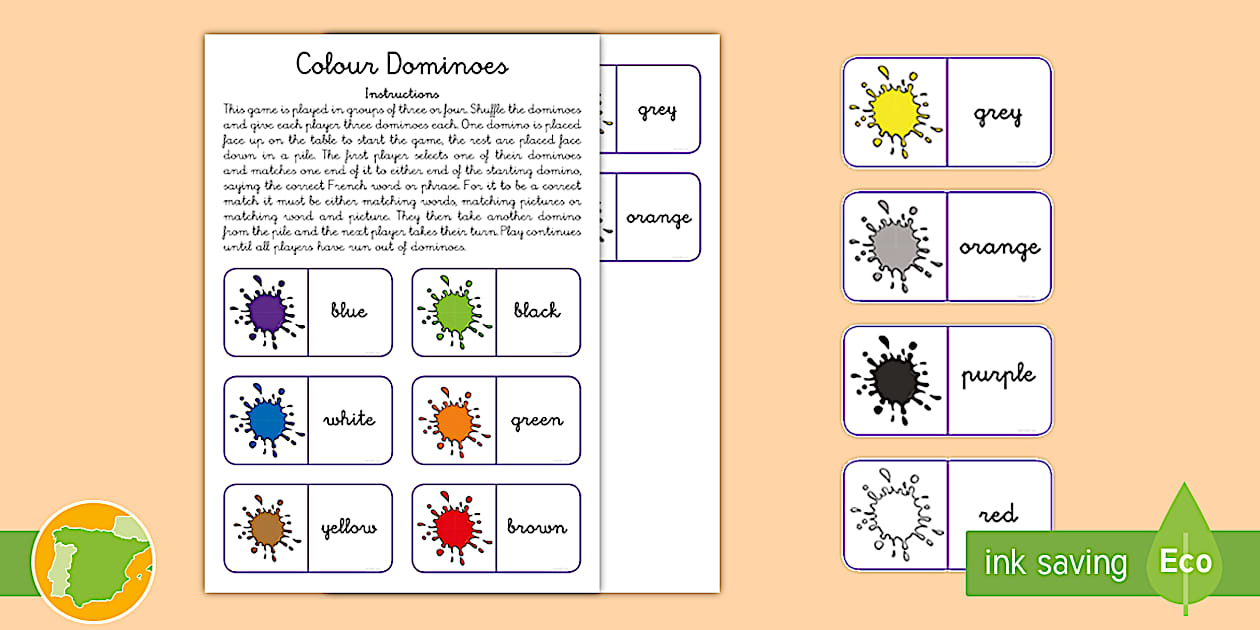 A1 Dominó: Los colores en inglés - Twinkl