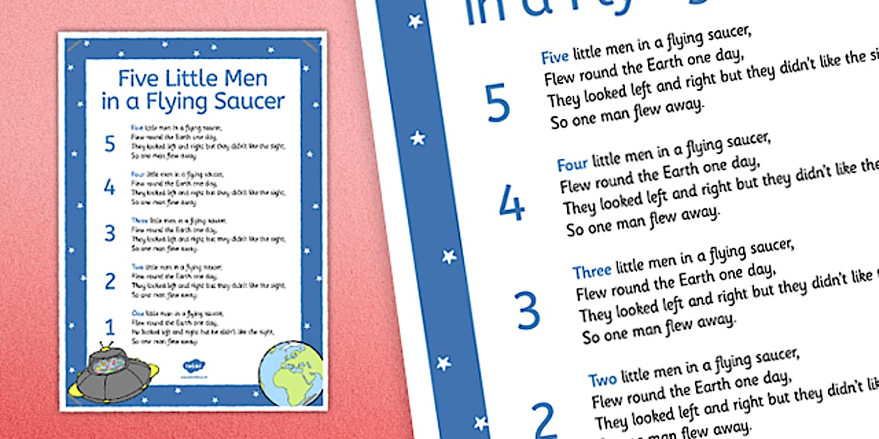 Black and White Five Little Men in a Flying Saucer Nursery Rhyme Poster