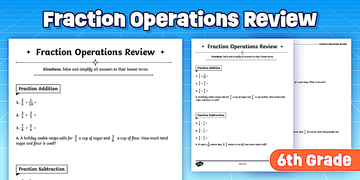 Sixth Grade Math Basic Skills Fraction Operations Worksheet