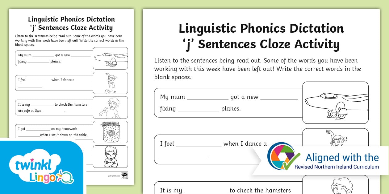 Linguistic Phonics Phase 2 'j' Dictation Sentences Cloze
