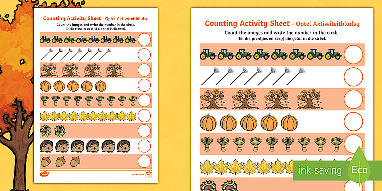 Black and White Autumn Counting Worksheet English/Afrikaans