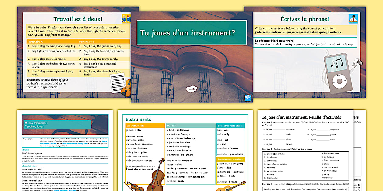 Musical Instruments Cover Work Lesson Pack French
