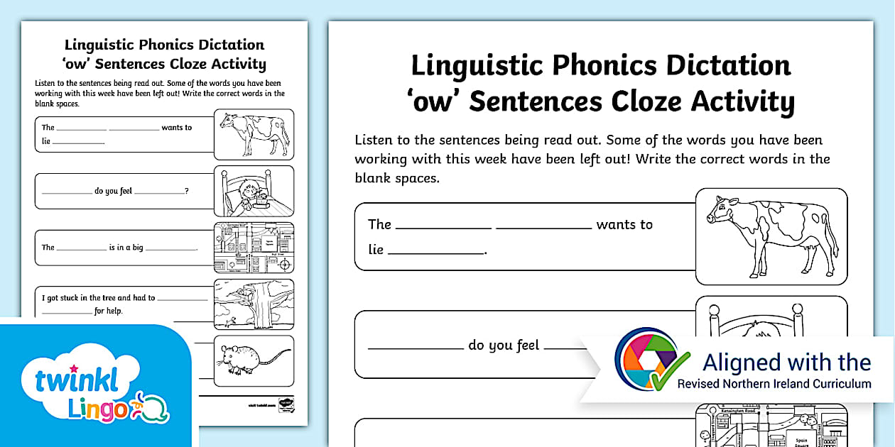 Linguistic Phonics Phase 2 'ow' Dictation Sentences Cloze