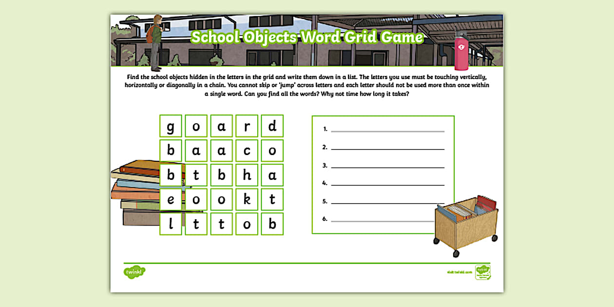 Word Grid Vocabulary Game for EAL Learners: School Objects