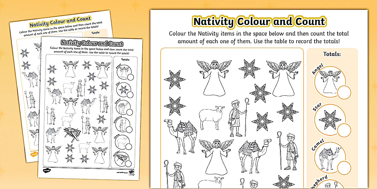 Nativity Colour and Count Worksheet (Teacher-Made) - Twinkl
