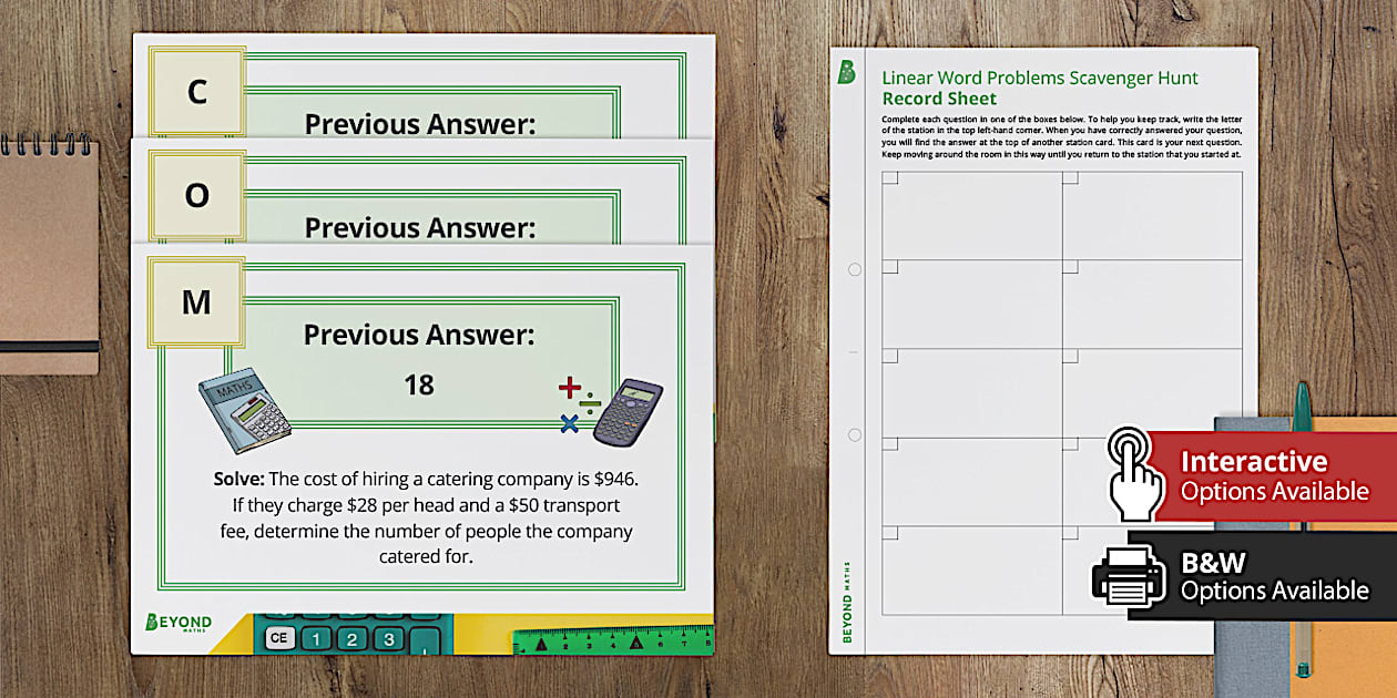 Linear Word Problems Scavenger Hunt (Teacher-Made) - Twinkl