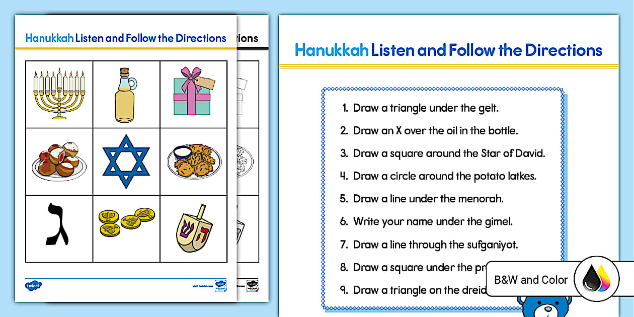 Hanukkah Listen and Follow the Directions Activity Worksheet