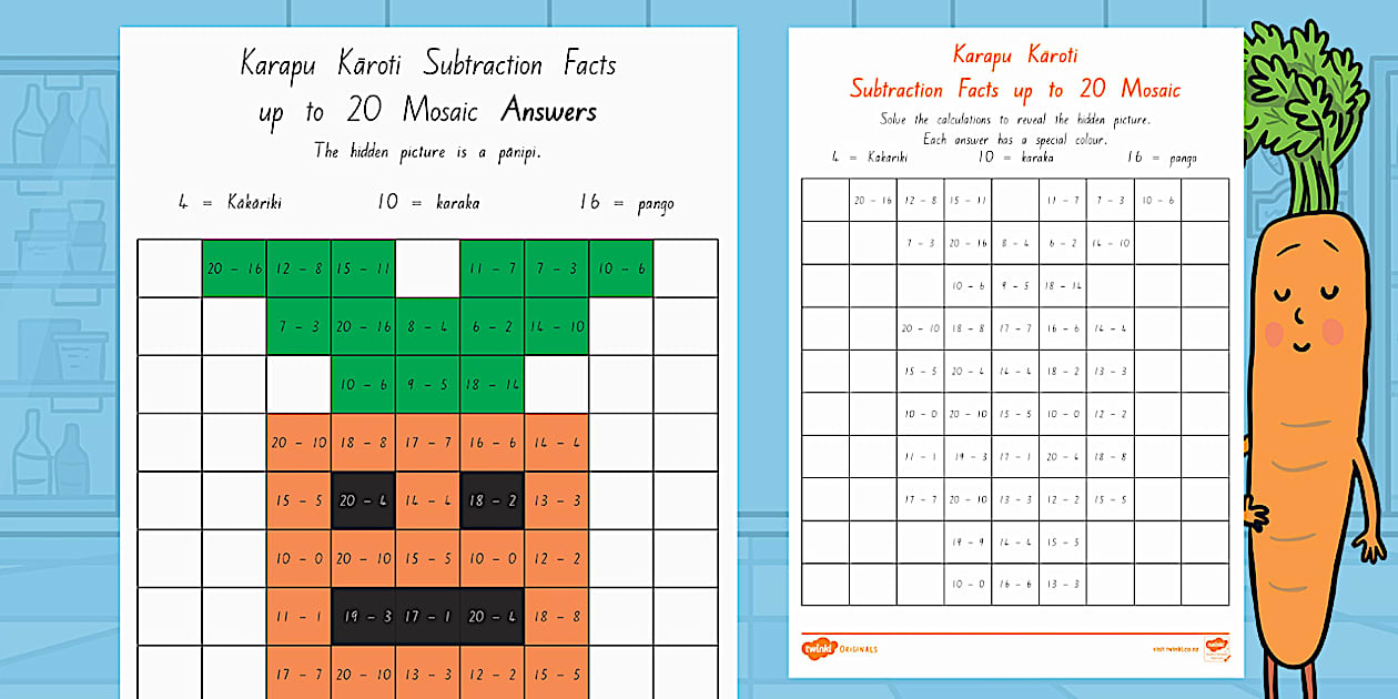 Carrot Club/Karapu Kāroti Subtraction Facts up to 20 Mosaic Worksheets