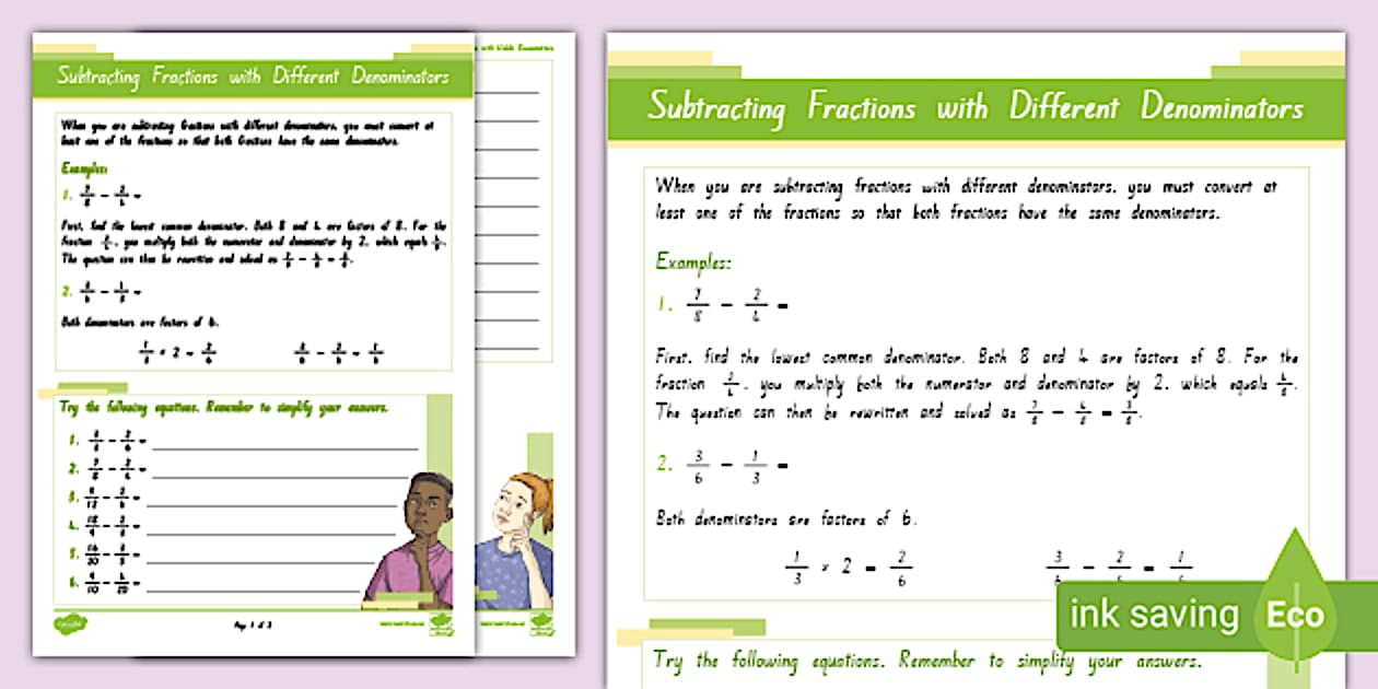 Subtracting Fractions with Different Denominators - Twinkl