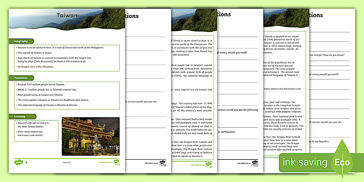 Taiwan Differentiated Comprehension Sheets (teacher made)