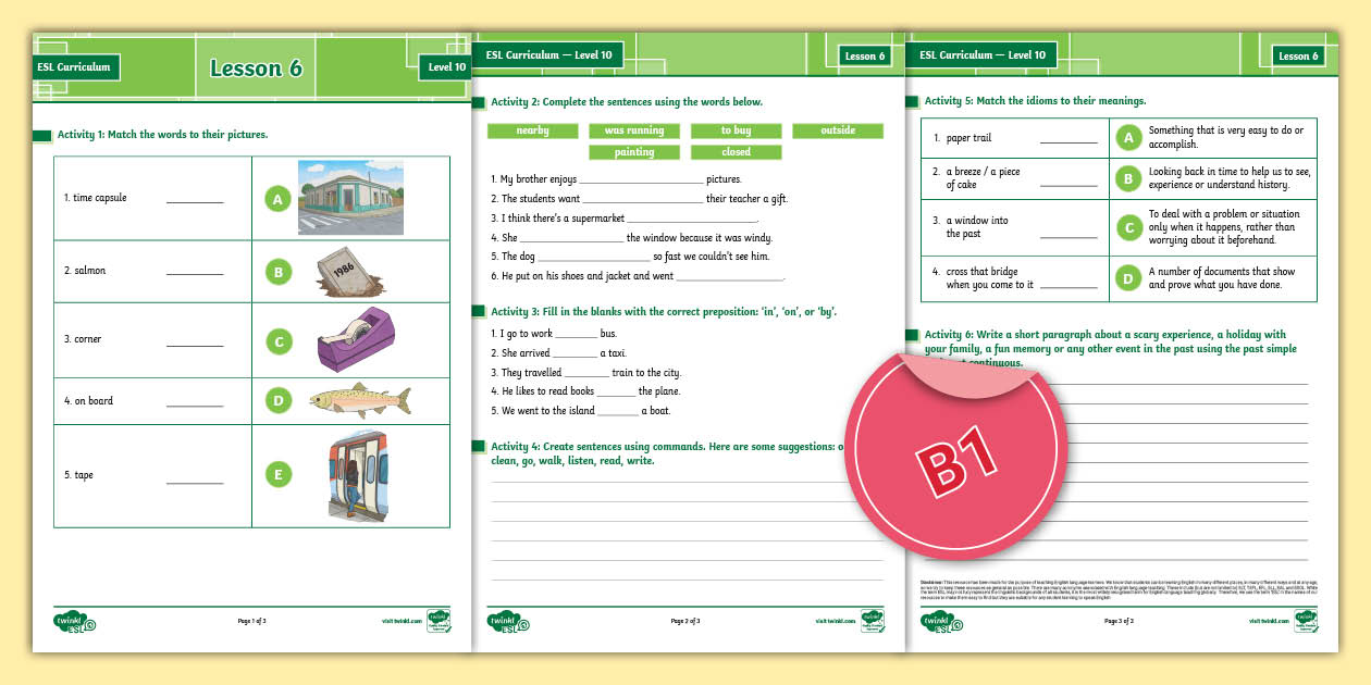ESL Curriculum Level 10, Lesson 6 Activity Sheet - Twinkl