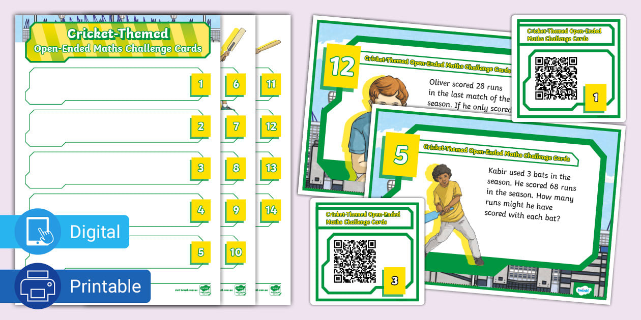 Cricket-Themed Open-ended Maths Challenge Cards with QR Codes