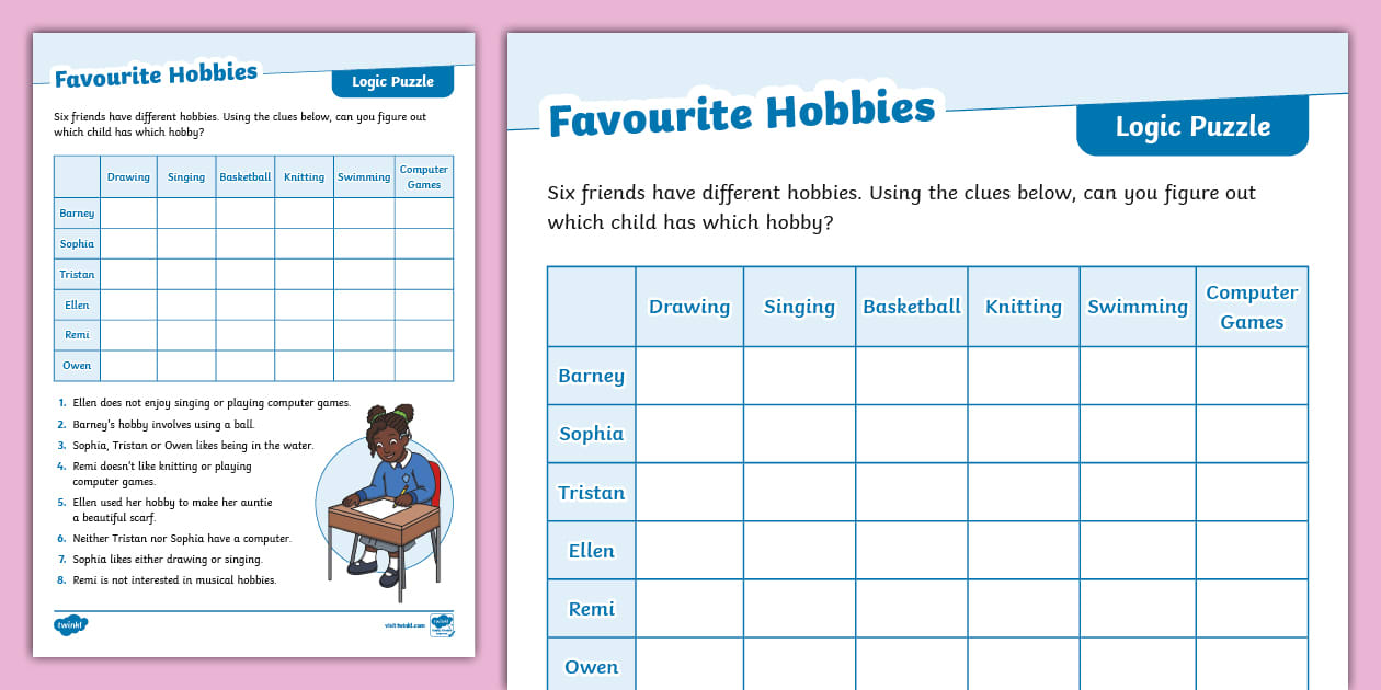 Favourite Hobbies KS1 Logic Puzzle - Twinkl