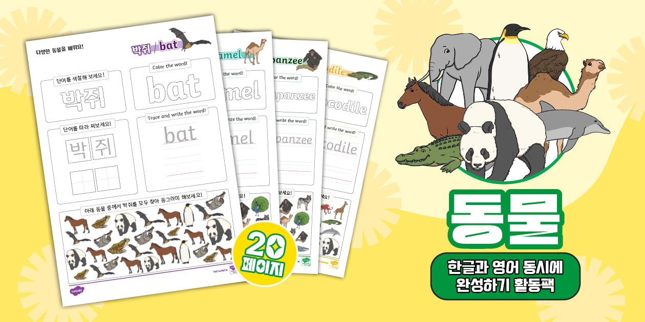 한글과 영어 동시에 완성하기 | 동물 | 활동팩 | Animal Tracing Activity (Korean & English)