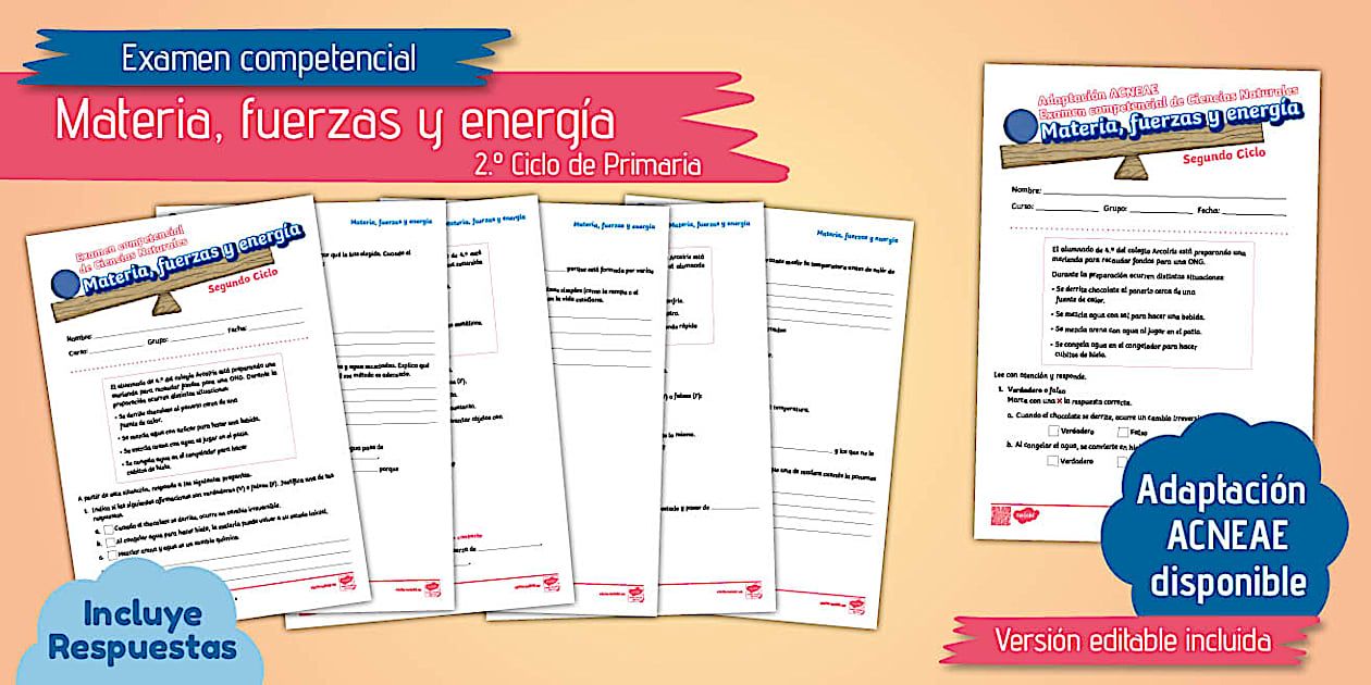 Examen de Ciencias Naturales por niveles: Materia, fuerzas y energía - 2.º