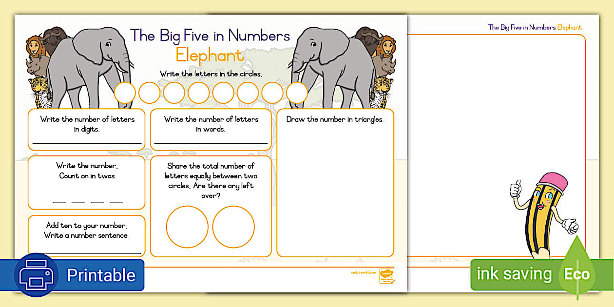 Grade 2 Maths: Describing Numbers: Elephant (teacher made)