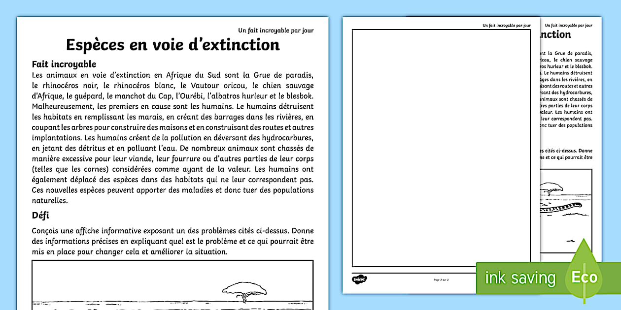 Fiche d'activités : Les espèces en voie de disparition