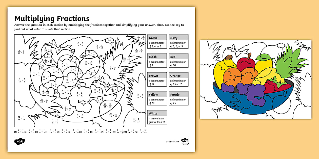 Seventh Grade Color by Number Multiplying Fractions Worksheet