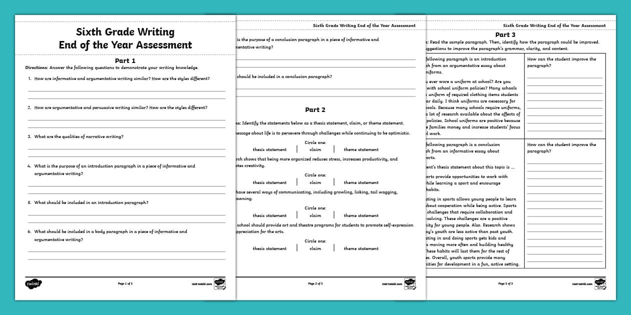 Sixth Grade End of the Year ELA Writing Assessment - Twinkl