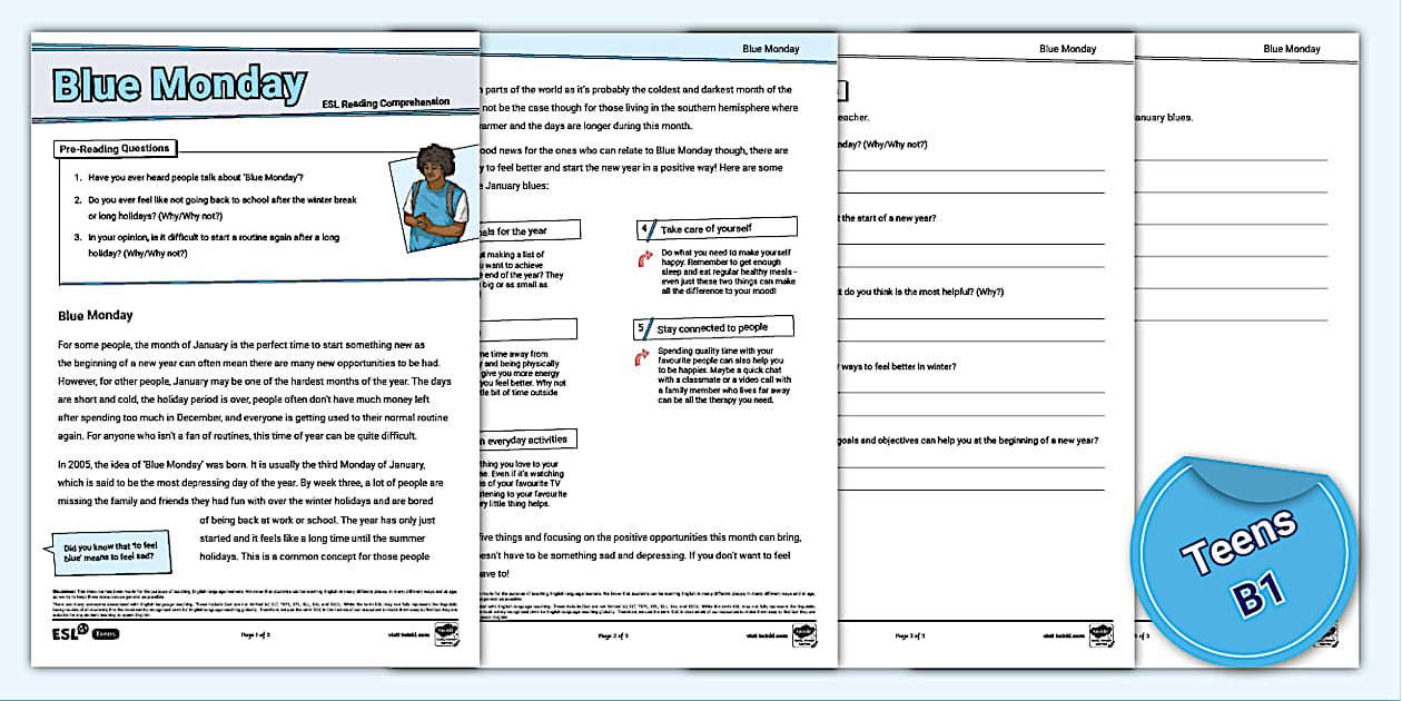 Blue Monday Teens Reading Comprehension on Twinkl - Twinkl