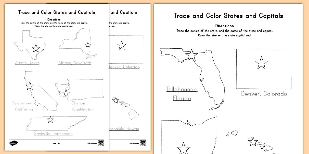 States and Capitals Trace the Words Activity for K-2nd Grade