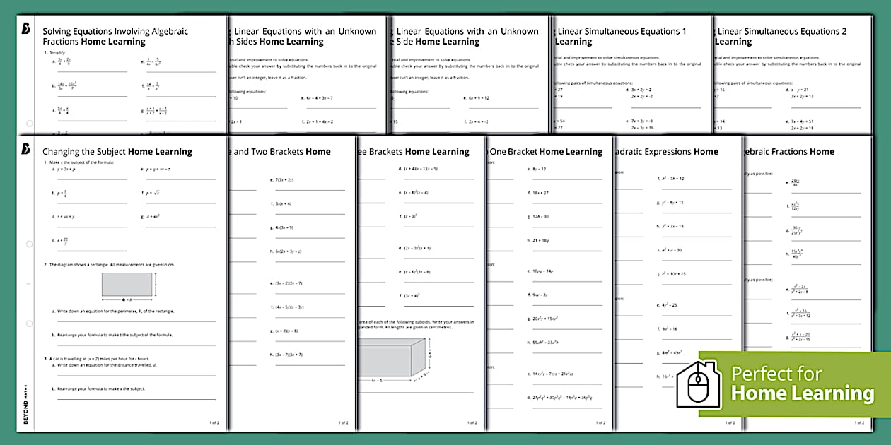 Algebra Worksheets Year 7 Homework Pack | Beyond Resource