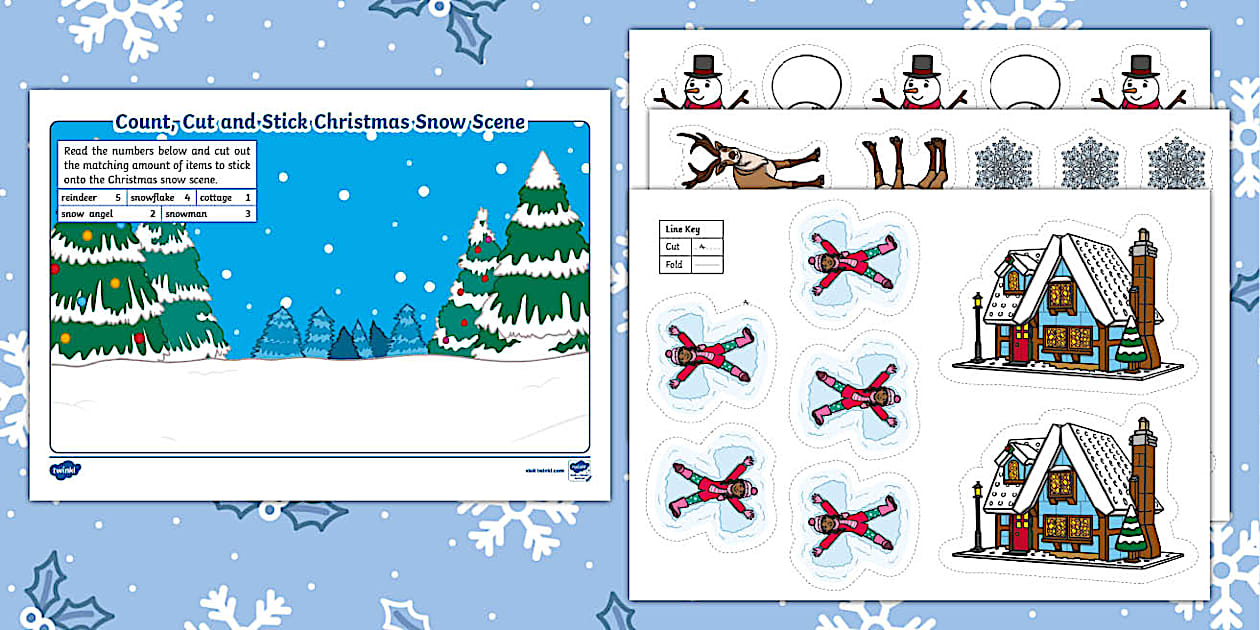 👉 Count, Cut and Stick Christmas Snow Scene Worksheet