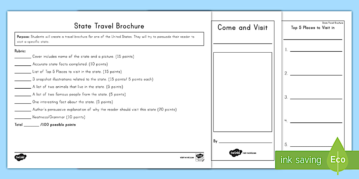 Editable State Trifold Travel Brochure Project and Rubric