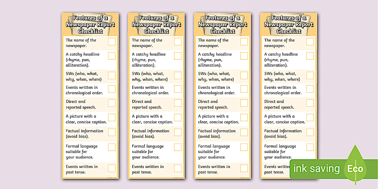 Features of a Newspaper Report Checklist Bookmark - Twinkl