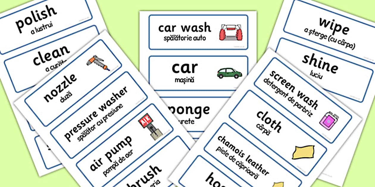 Car Wash Role Play Word Cards Romanian Translation - romanian