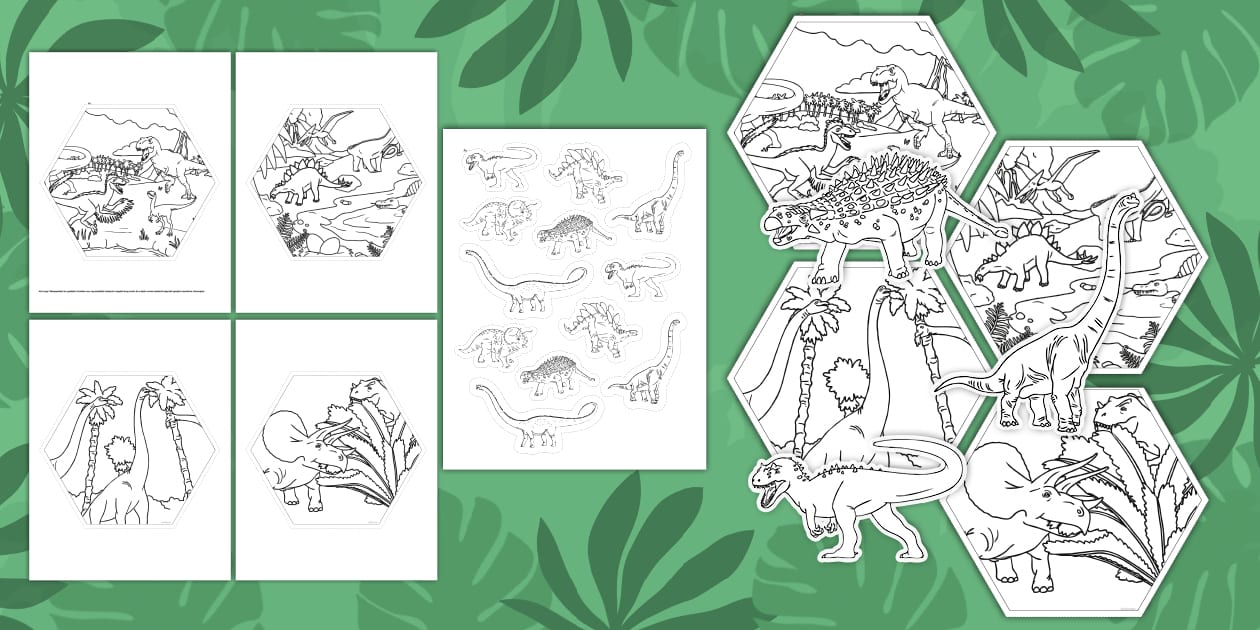 Recortables: Hexágonos para colorear - Dinosaurios - Twinkl