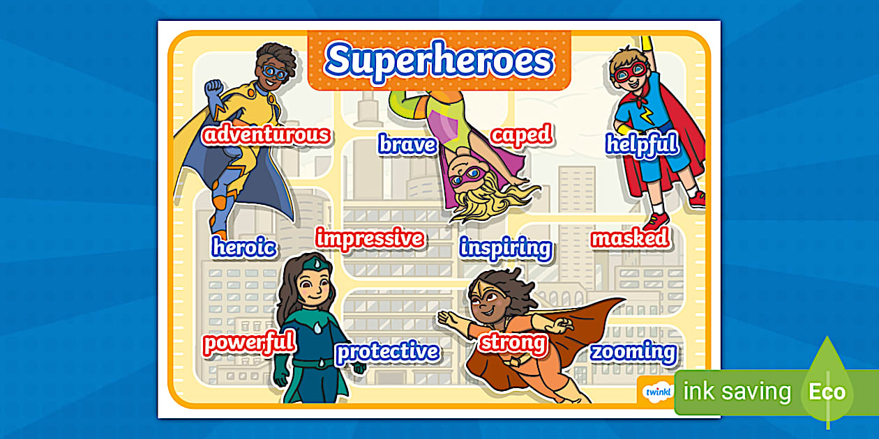 Superhero Adjectives Word Mat (teacher made) - Twinkl