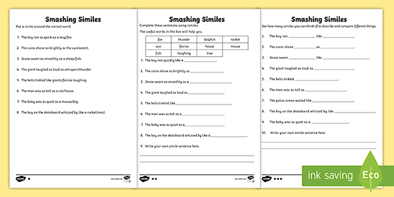KS1 Smashing Similes Differentiated Worksheet - English