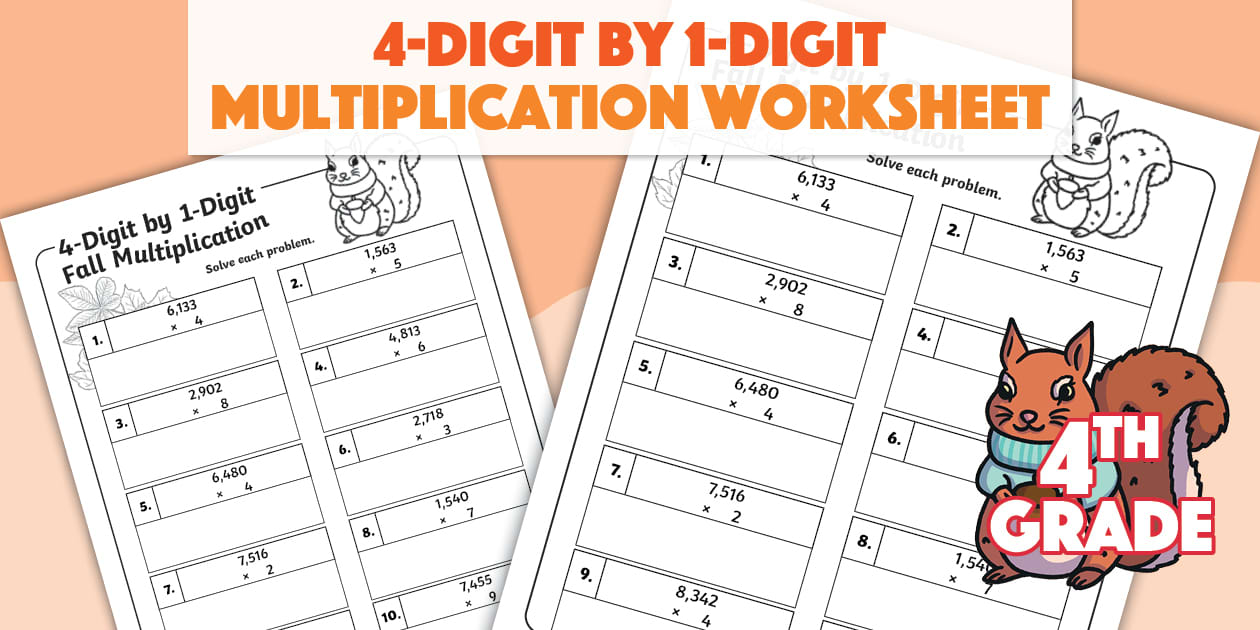 Fourth 4-Digit by 1-Digit Multiplication Fall Worksheet